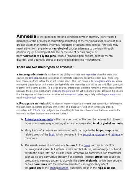 Amnesia There Are Two Main Types Of Amnesia Pdf Amnesia Memory