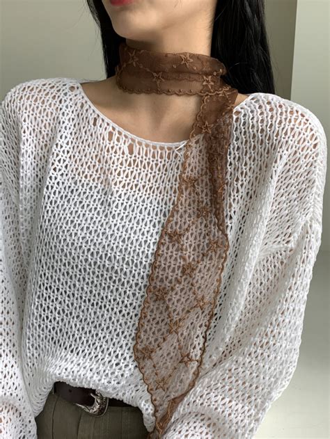 비마이뮤즈 트윌리 시스루 별 펀칭 자수 플라워 레이스 스카프 여름 머플러