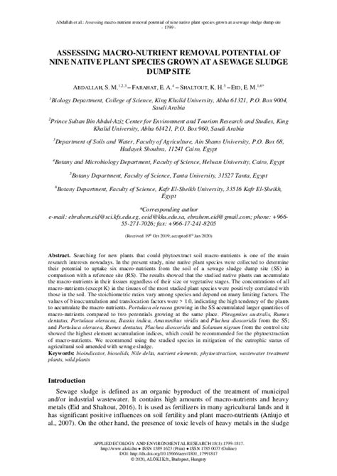 Pdf Assessing Macro Nutrient Removal Potential Of Nine Native Plant Species Grown At A Sewage