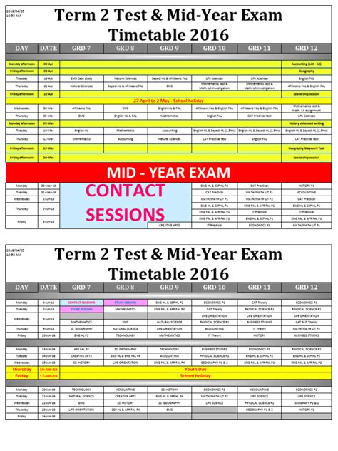 Term 2 Test And Mid Year Exam Timetable 2016 Pdf Mathematics Inquiry