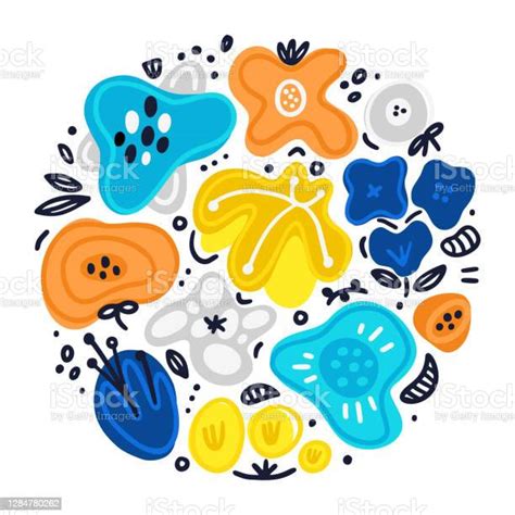 벡터 서클 플로럴 컴포지션은 서로 다른 스팟과 장식 요소와 손으로 그린 추상적 인 모양을 포함 0명에 대한 스톡 벡터 아트 및 기타 이미지 Istock