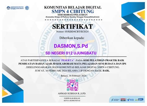 Contoh Sertifikat Kegiatan Komunitas Belajar Satuan Pendidikan Dasmon