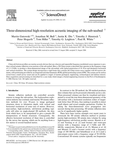 Pdf Three Dimensional High Resolution Acoustic Imaging Of The Sub Seabed
