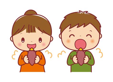 焼き芋を嬉しそうに食べる子供たち 無料イラスト素材｜素材ラボ