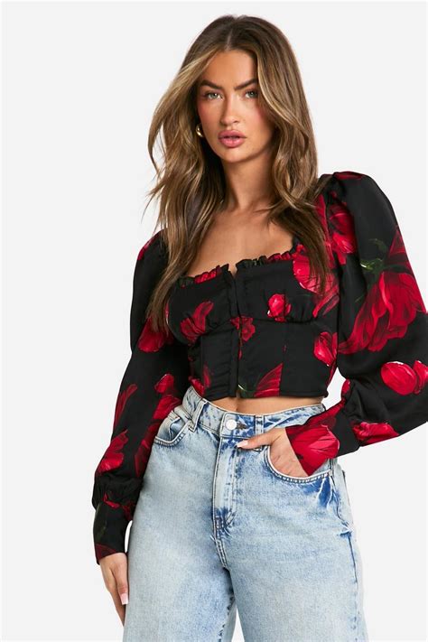 Rose Print Frill Hem Hook And Eye Milkmaid Corset Top Boohoo Uk