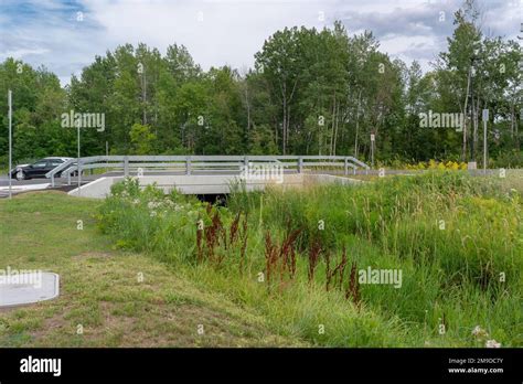 Three Sided Precast Concrete Bridge With Guide Rails Installed Over A