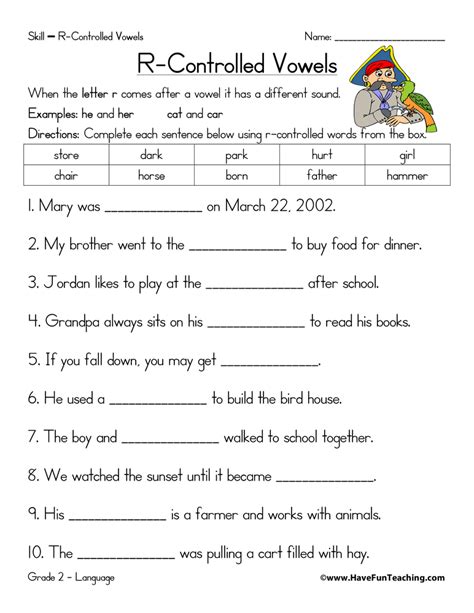 R Controlled Vowels Fill In The Blanks Worksheet By Teach Simple