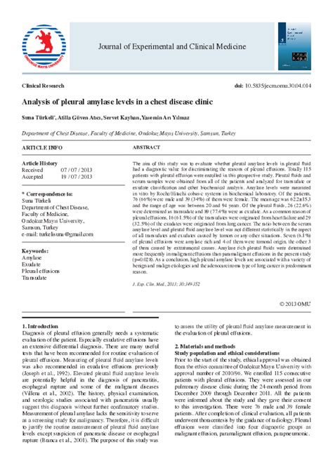 Pdf Analysis Of Pleural Amylase Levels In A Chest Disease Clinic