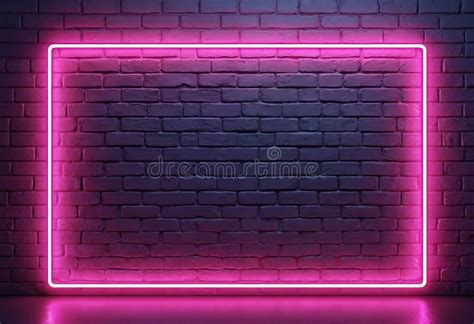 Neon Pink Purple Light Glows On Dark Brick Wall Rectangle Frame Shape Creates Empty Space For