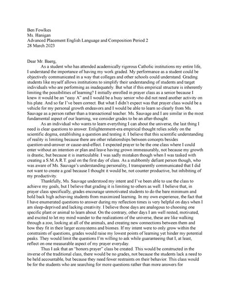 AP Lang Claim Of Policy Letter Notes Ben Fowlkes Ms Hanigan Advanced Placement English