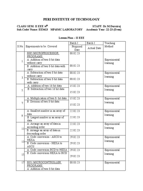 Mpmc Lab Ee3413 Lesson Plan Ii Eee Pdf Microprocessor Office