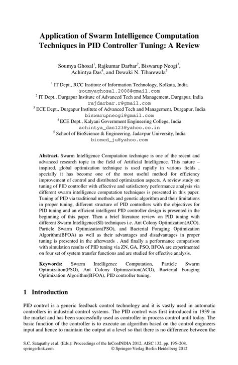 Pdf Application Of Swarm Intelligence Computation Techniques In Pid Controller Tuning A Review