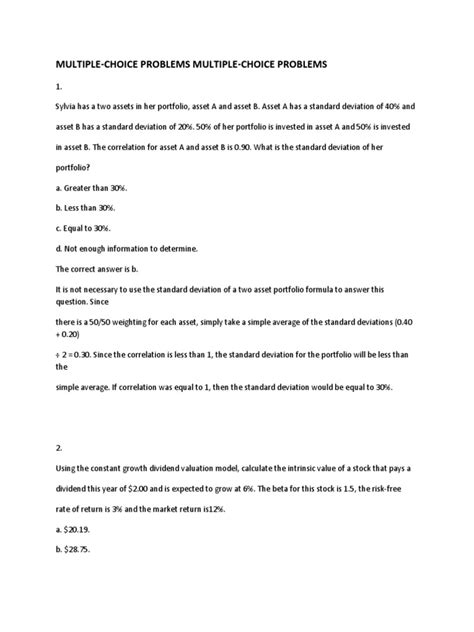 Chapter 9 Multiple Choice Questions Pdf Beta Finance Financial Risk