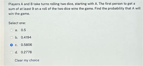 solved players a and b ﻿take turns rolling two dice