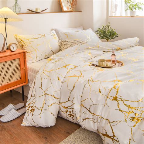 Move Over White Gold Marble Bedding Sets Twin Metallic Marble Pattern