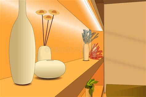 Decorative Shelf With Vases And Flowers In The Cafe Vector