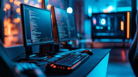 Dual Computer Monitors In A Modern Workspace Stock Image Image Of