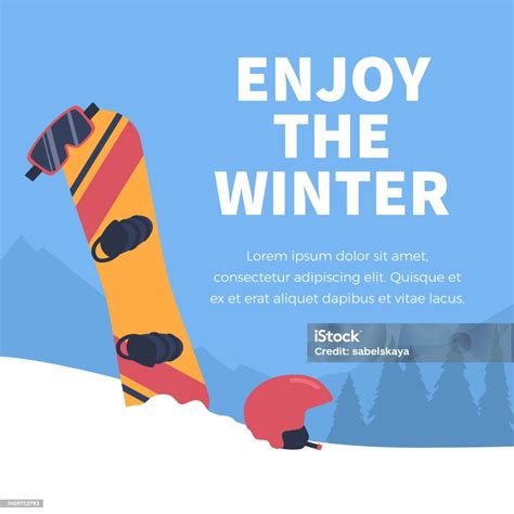 스노우 보드와 헬멧 플랫 스타일 벡터 일러스트 레이 션과 사각형 배너 겨울에 대한 스톡 벡터 아트 및 기타 이미지 겨울 계절 광고 Istock