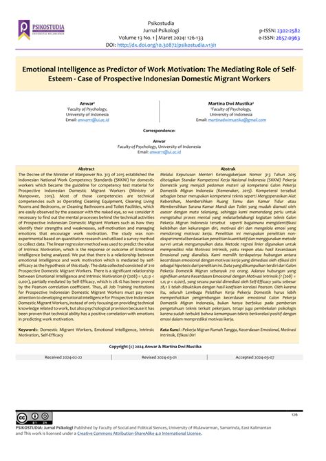 Pdf Emotional Intelligence As Predictor Of Work Motivation The Mediating Role Of Self Esteem