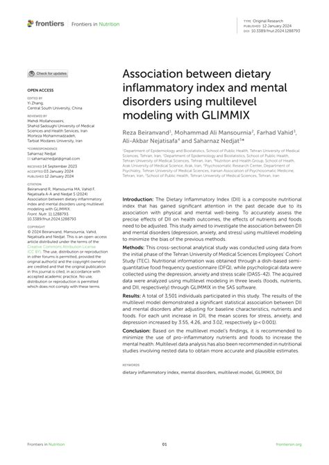 Pdf Association Between Dietary Inflammatory Index And Mental