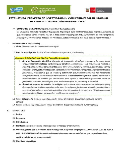 Estructura Proyecto De InvestigaciÓn Fencyt 2022 Pdf Experimentar