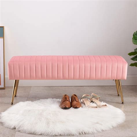 Upholstered Bench Syngar Modern Pink Velvet Fabric Ottoman Bench With
