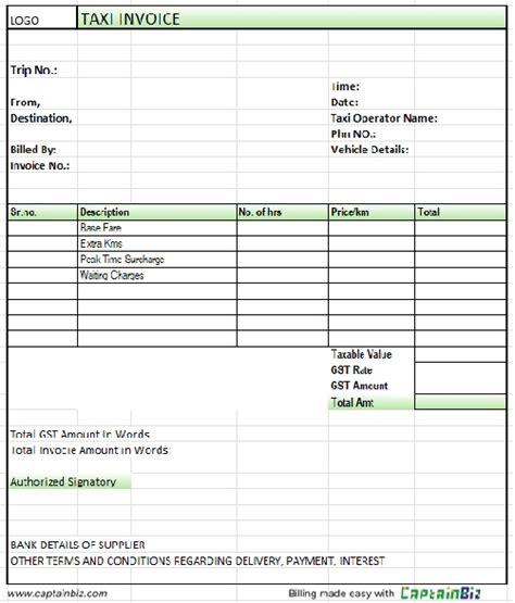 Taxi Invoice Template And Taxi Invoice Format Captainbiz