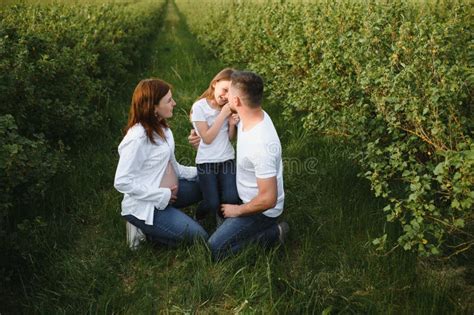 Bella Morena Embarazada Madre Y Padre Y Padre Con Ropa Blanca Se Miran