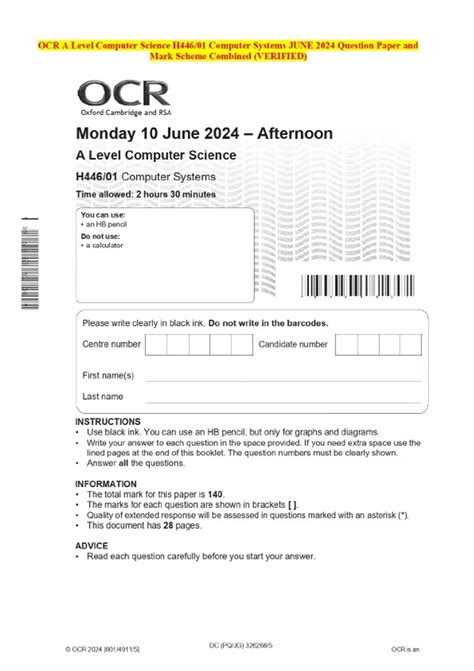 Ocr A Level Computer Science H446 01 Computer Systems June 2024 Question Paper And Mark Scheme