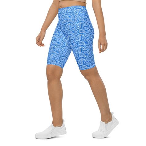 Patterned Workout Bike Shorts Blue Paisley Activewear Leggings For