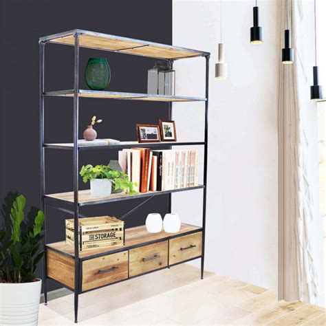 Mobile Libreria Da 128x44 Cm In Metallo Con Ripiani E Cassetti In Legno Bm069 Bagno Italia
