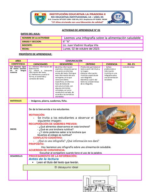 Sesión De Aprendizaje N° 01 Leemos Una Infografía Sobre Los Alimentos Saludables Actividad De