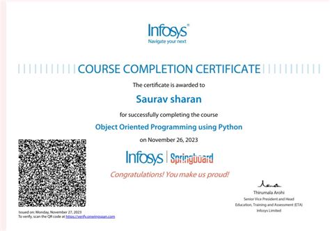 Earned Oop Certificate With Python From Infosys Saurav Sharan Posted