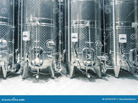 Stainless Steel Fermentation Tanks In Modern Wine Factory Stock Image