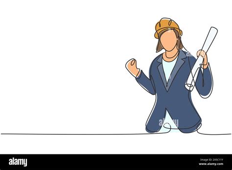 Single Continuous Line Drawing Female Architect With Celebrate Gesture