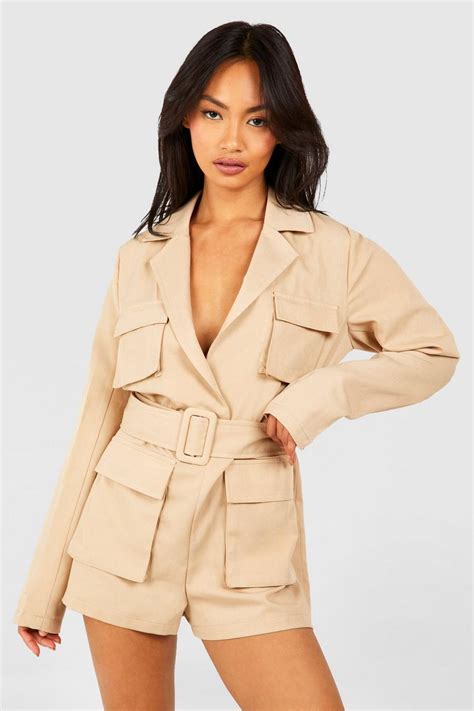 Belted Utility Blazer Playsuit Boohoo Uk