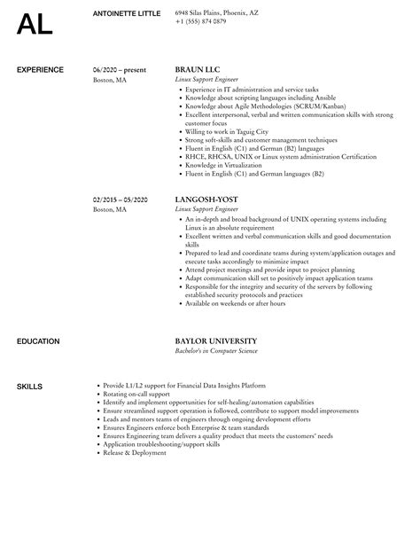 Linux Support Engineer Resume Samples Velvet Jobs