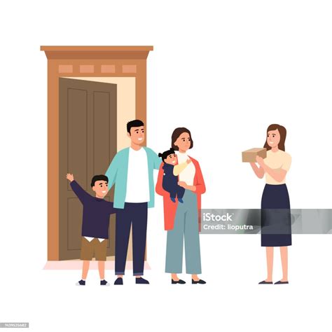 집에서 함께 가족을 환영하는 이웃과 함께 방문 페이지의 현관 문 개념을 엽니다 행복한 아이들과 아빠가 집 입구에서 친구를 만나