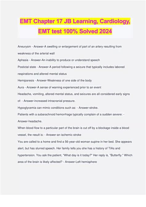 EMT Chapter JB Learning Cardiology EMT Test Solved EMT Stuvia US