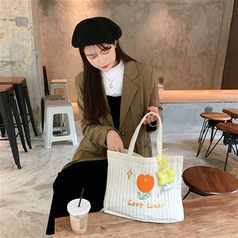 112291小清新绗缝刺绣手提托特包女学生上课帆布包简约文艺购物袋 阿里巴巴