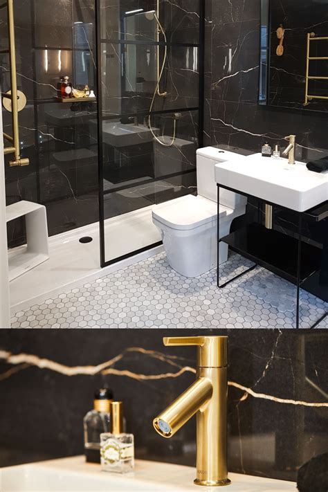 Black And Brass Black Marble Bathroom Black Tile Bathrooms Grey