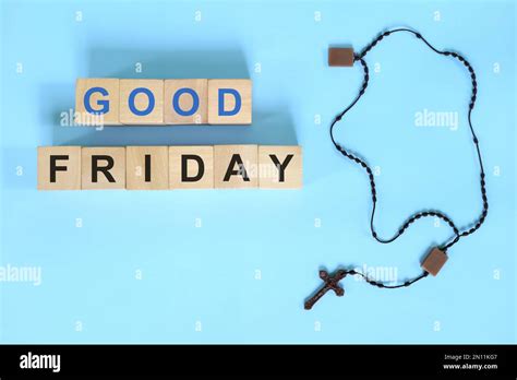 Good Friday Holy Week Concept Wooden Blocks Typography With Rosary
