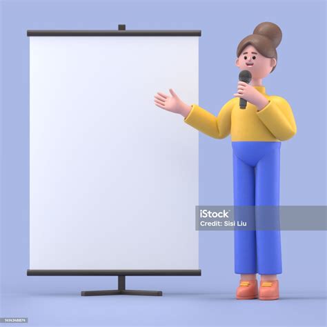 정보 지시 또는 광고의 프리젠 테이션으로 빈 보드와 웃는 여자 안젤라의 3d 일러스트레이션 제품 플립 차트 모형 여자에 대한 스톡 사진 및 기타 이미지 Istock