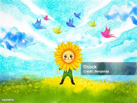행복 한 아이 노란 해바라기 머리 꽃 인체 마음 정신 건강 영적 상상 힘 영감 에너지 감정 전체 론적 새 무료 예술 수채화 그림
