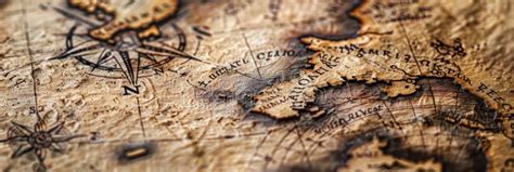 A Closeup Of An Aged Handdrawn Pirate Map With A Marked X Compass Rose