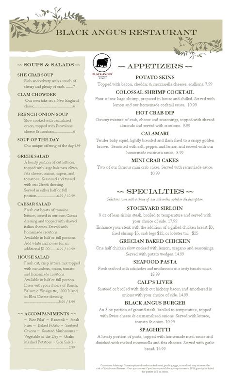 Dinner Menu Black Angus Restaurant And Catering