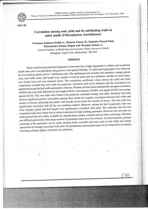 Pdf Correlation Among Root Yield And Its Attributing Traits In Safed Musli Chlorophytum