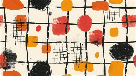Abstract Hand Drawn Grid Pattern With Black Red And Orange Shapes For