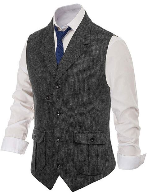 Mens Slim Fit Herringbone Tweed Suits Vest Premium Wool Blend Waistco