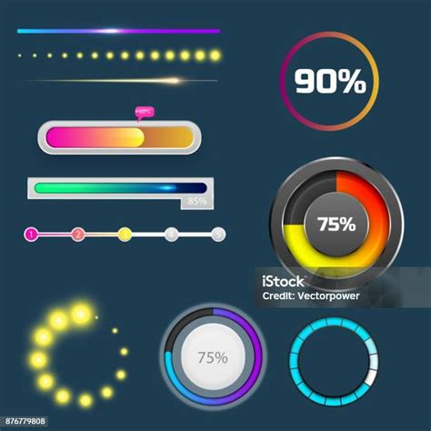 진행 표시기 다운로드 진행률 ui ux 웹 인터페이스 디자인 템플릿 파일 업로드 벡터 일러스트 레이 션 바 로드 굴착 차량에